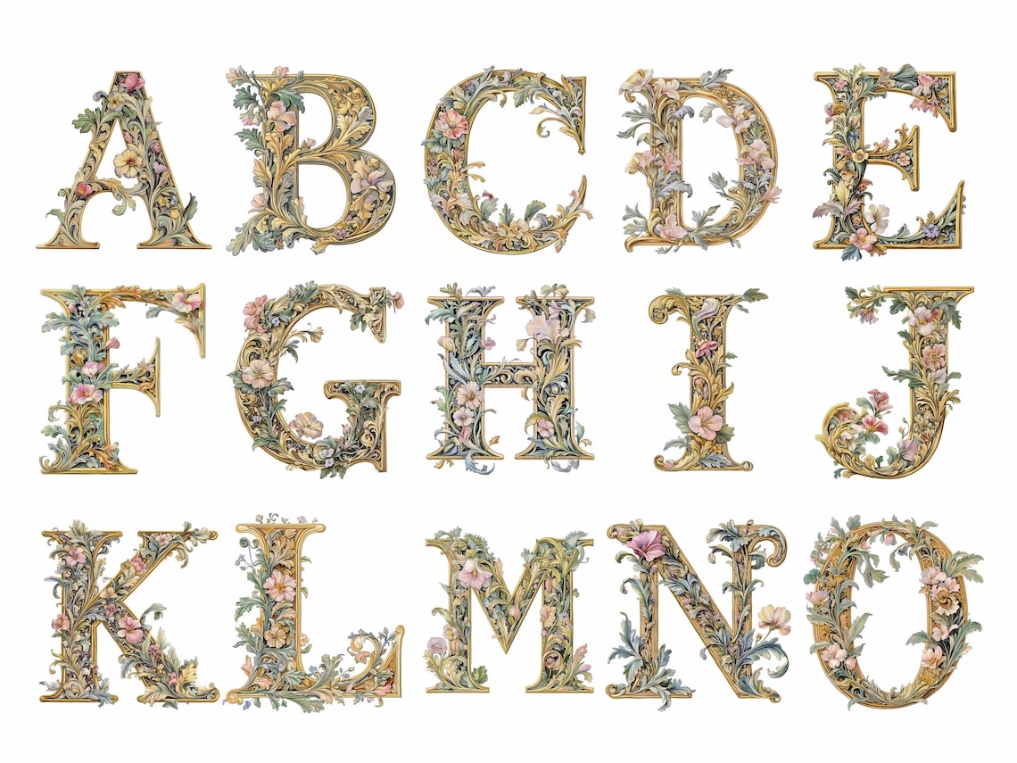 Rococo Floral Alphabet Clipart – Ornate Watercolor Letters, PNG Set for ...