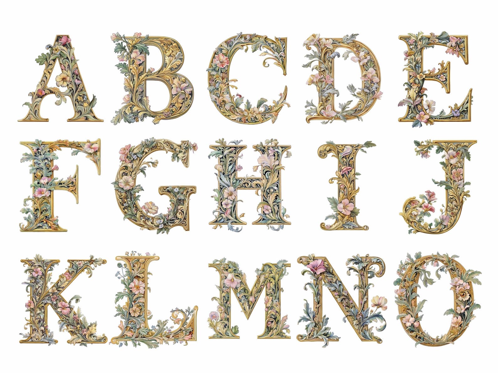 Rococo Floral Alphabet Clipart – Ornate Watercolor Letters, PNG Set for ...