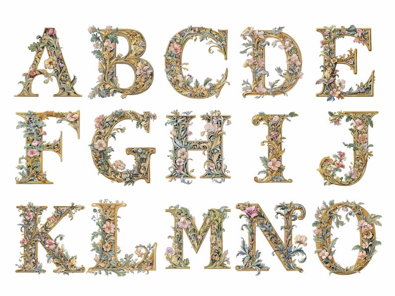 Rococo Floral Alphabet Clipart – Ornate Watercolor Letters, PNG Set for ...