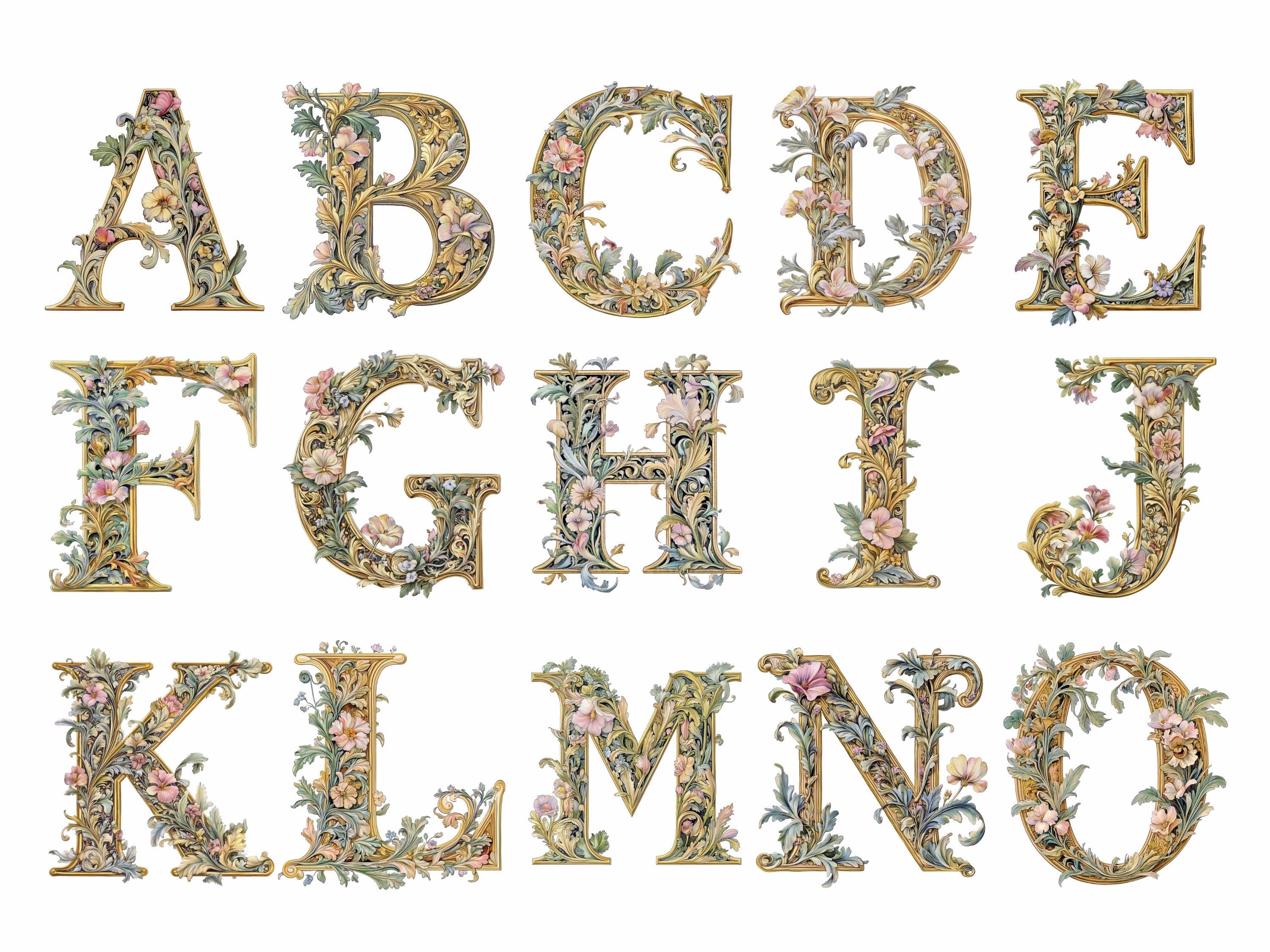 Rococo Floral Alphabet Clipart – Ornate Watercolor Letters, PNG Set for ...