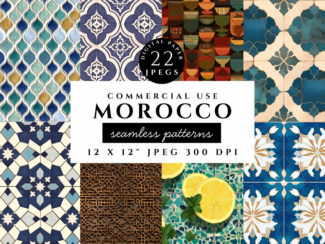 Moroccan Tile Digital Paper, Seamless Islamic Patterns, Zellige Blue ...