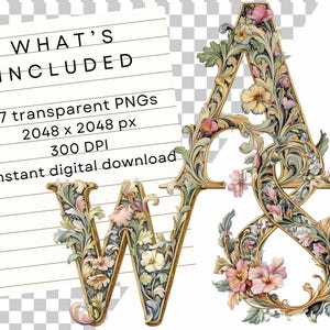 Rococo Floral Alphabet Clipart – Ornate Watercolor Letters, PNG Set for ...