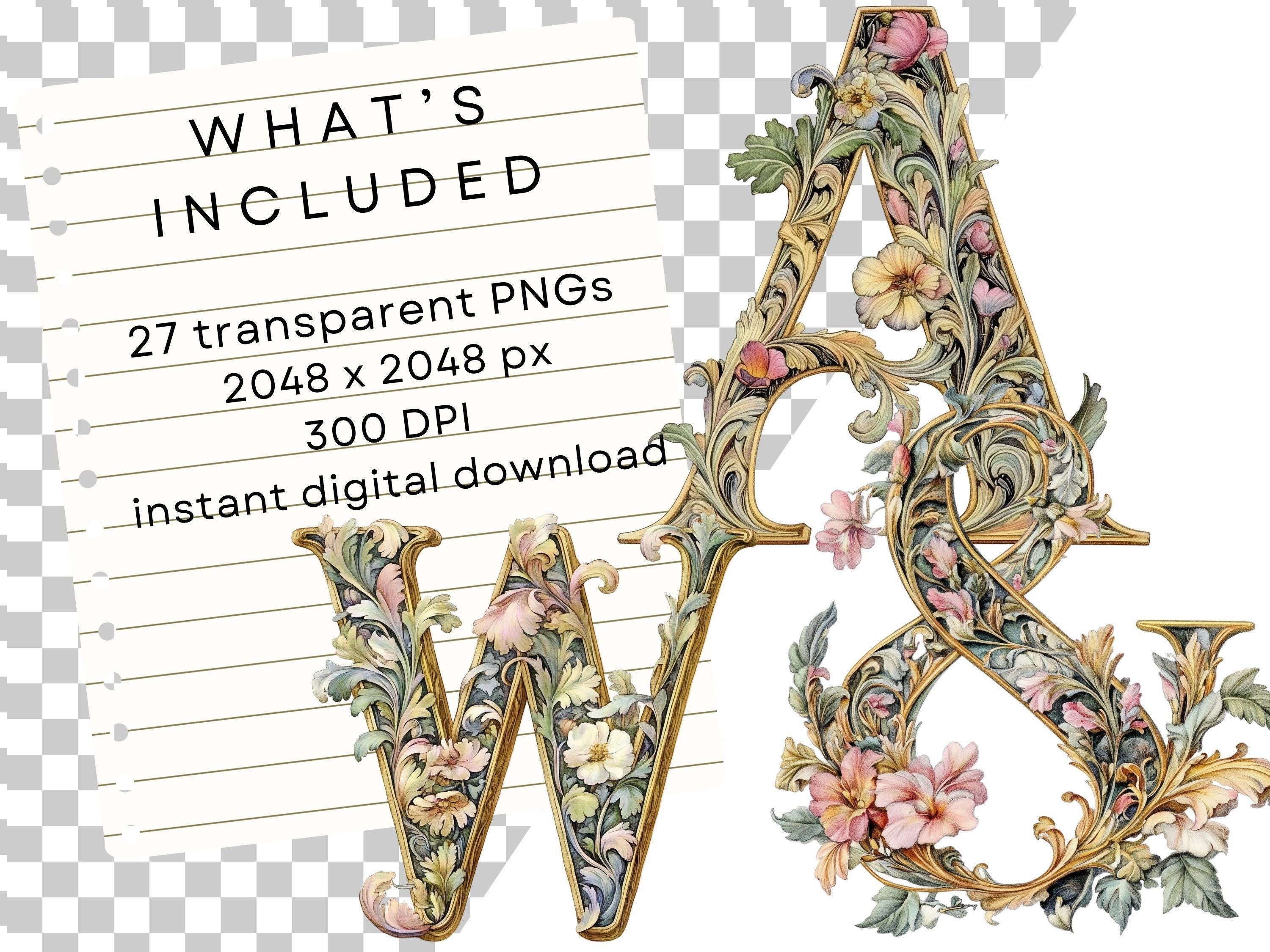Rococo Floral Alphabet Clipart – Ornate Watercolor Letters, PNG Set for ...