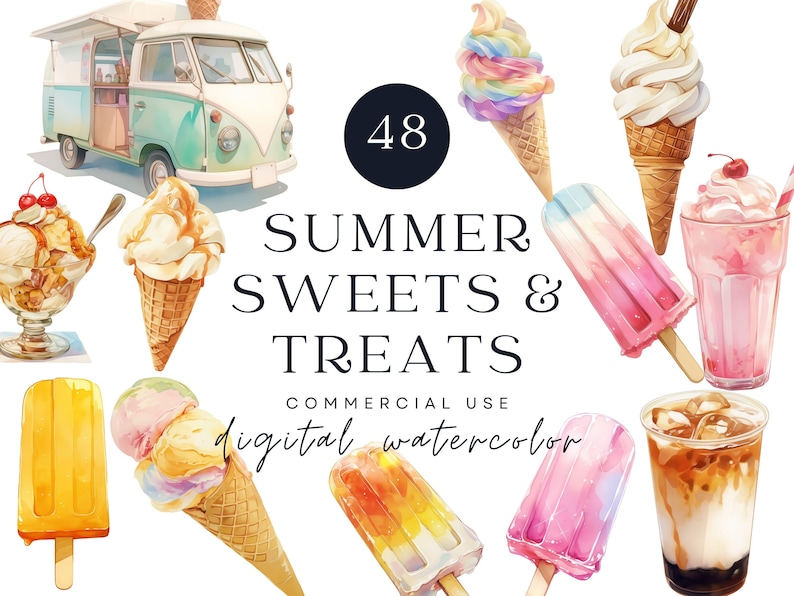 Ice Cream Clipart, Summer Popsicle Illustrations, Watercolor Dessert ...