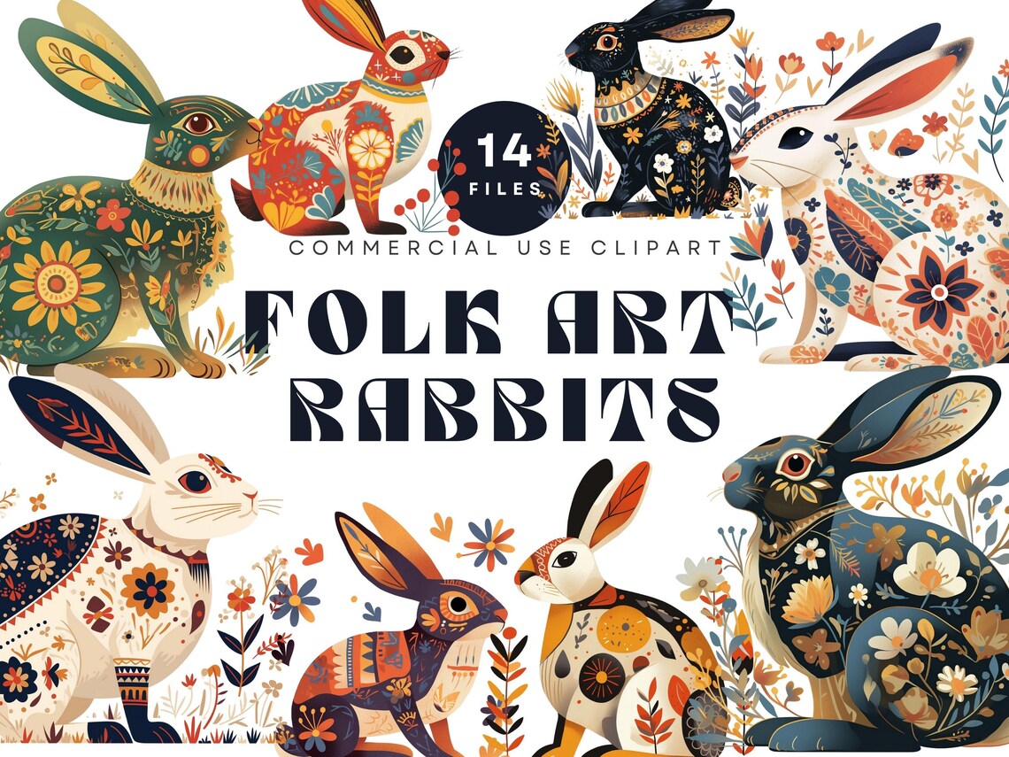 Folk Art Rabbit Clipart | Boho Floral Bunny Illustrations (PNG) - Etsy