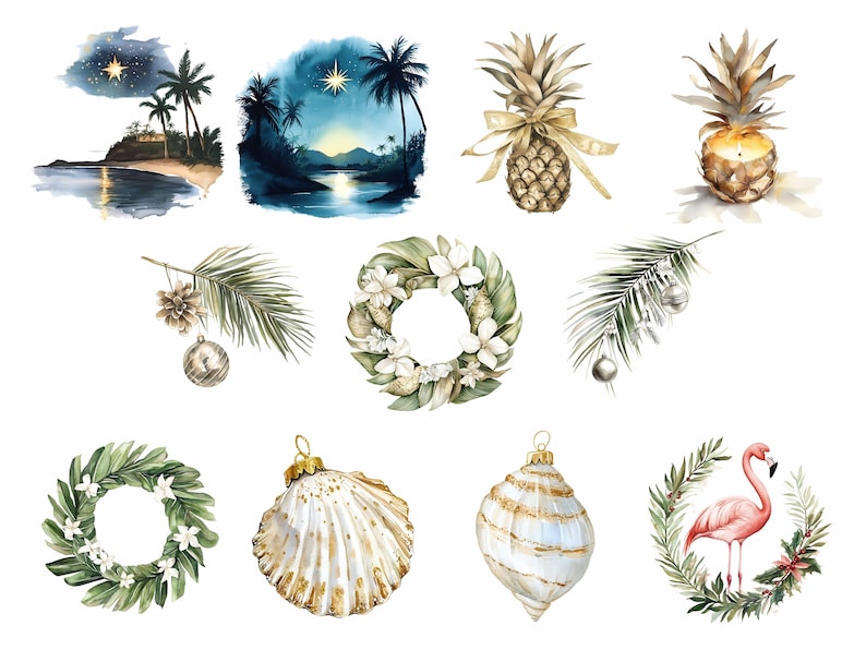 Tropical Christmas Clipart Collection - Watercolour Beach Holiday, Palm ...