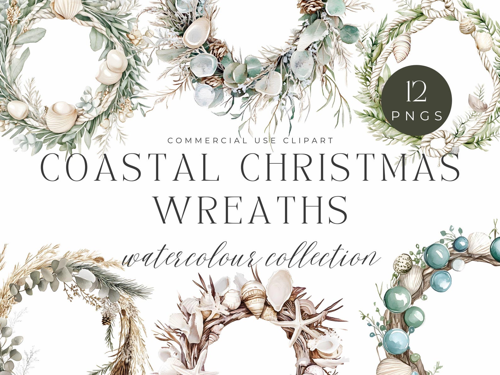 Coastal Christmas Wreaths Clipart | Watercolour Beach Clipart, Digital ...