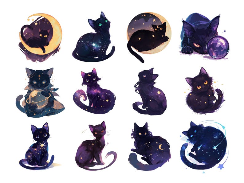 Magical Galaxy Black Cat Clipart Bundle, Celestial Cat Illustrations ...