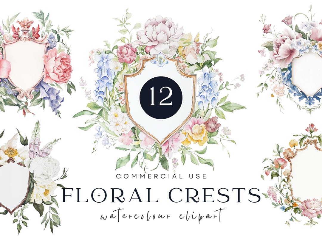 Floral Crest Clipart Bundle, Watercolor Frame Graphics, Wedding ...