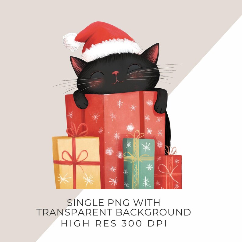 Cute Christmas Cat Clipart - Watercolor Black Cat With Santa Hat ...