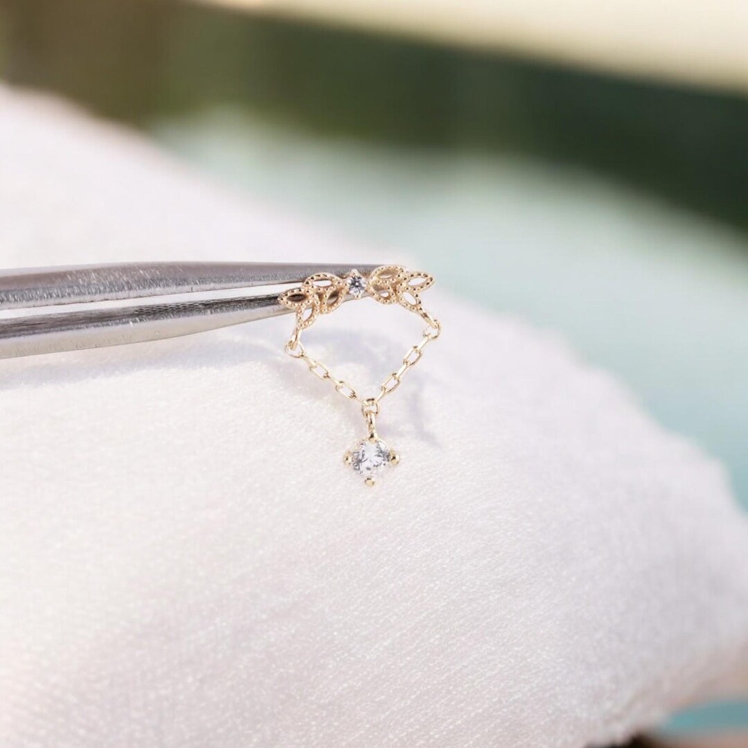 14k Solid Gold Angel Wing Dangle Chain Threadless Top Dainty Gold Ear ...