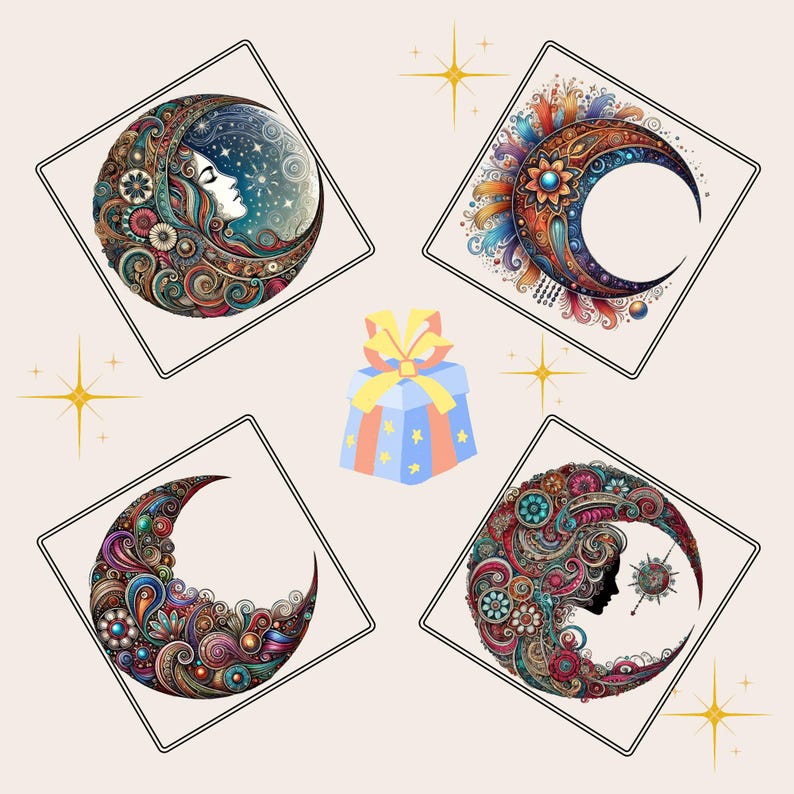 Celestial Whimsy PNG Vibrant Boho Crescent Moon Clipart Mystical Cosmic ...