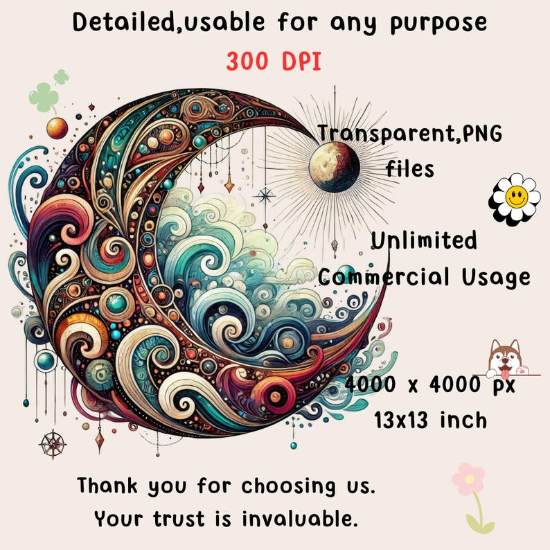 Celestial Whimsy PNG Vibrant Boho Crescent Moon Clipart Mystical Cosmic ...