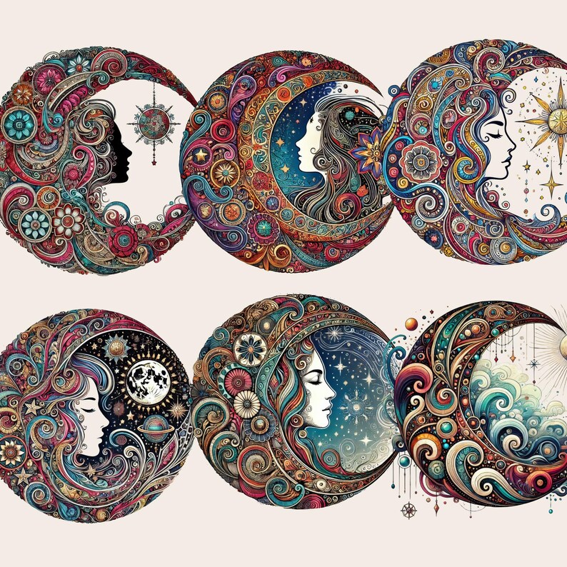 Celestial Whimsy PNG Vibrant Boho Crescent Moon Clipart Mystical Cosmic ...