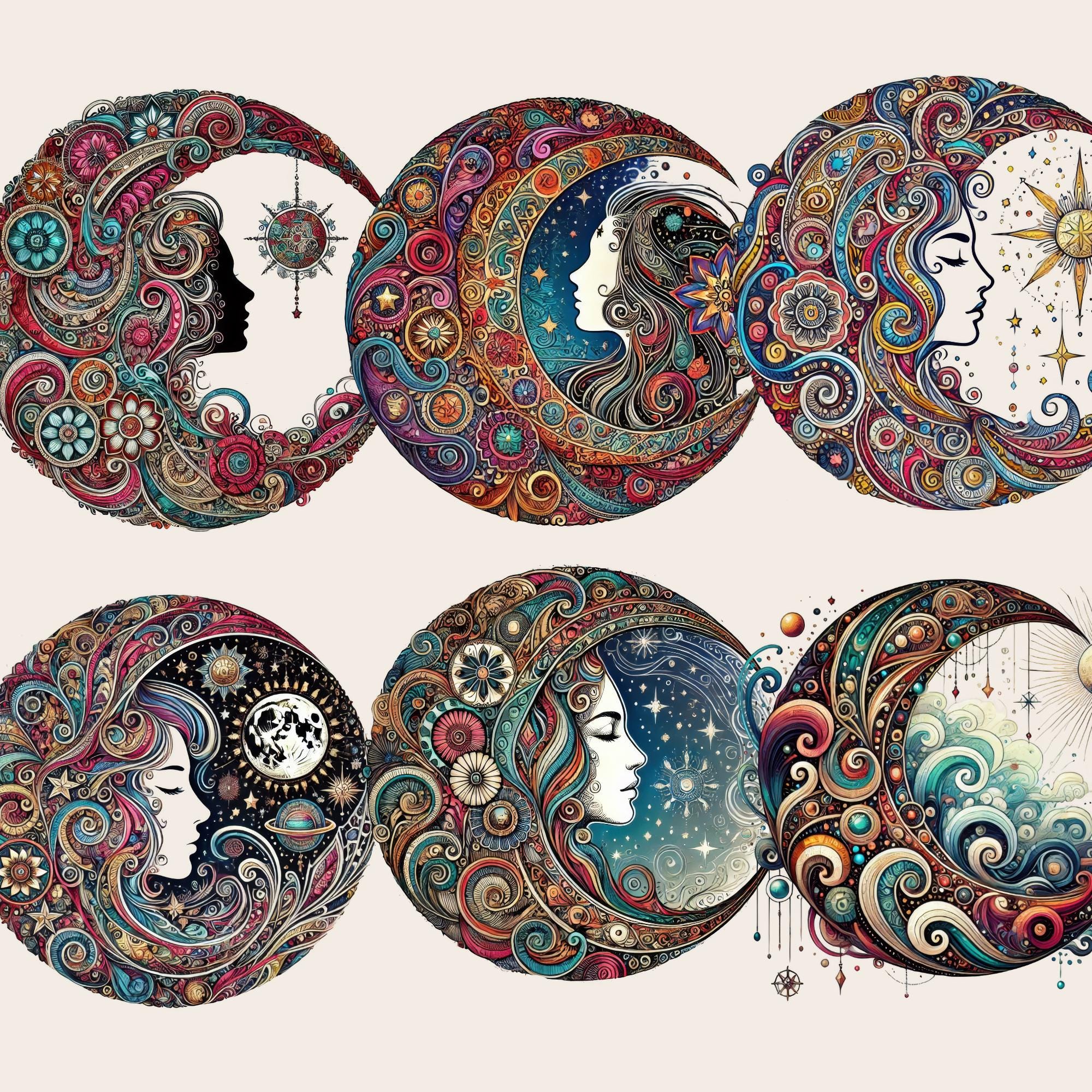 Celestial Whimsy PNG Vibrant Boho Crescent Moon Clipart Mystical Cosmic ...