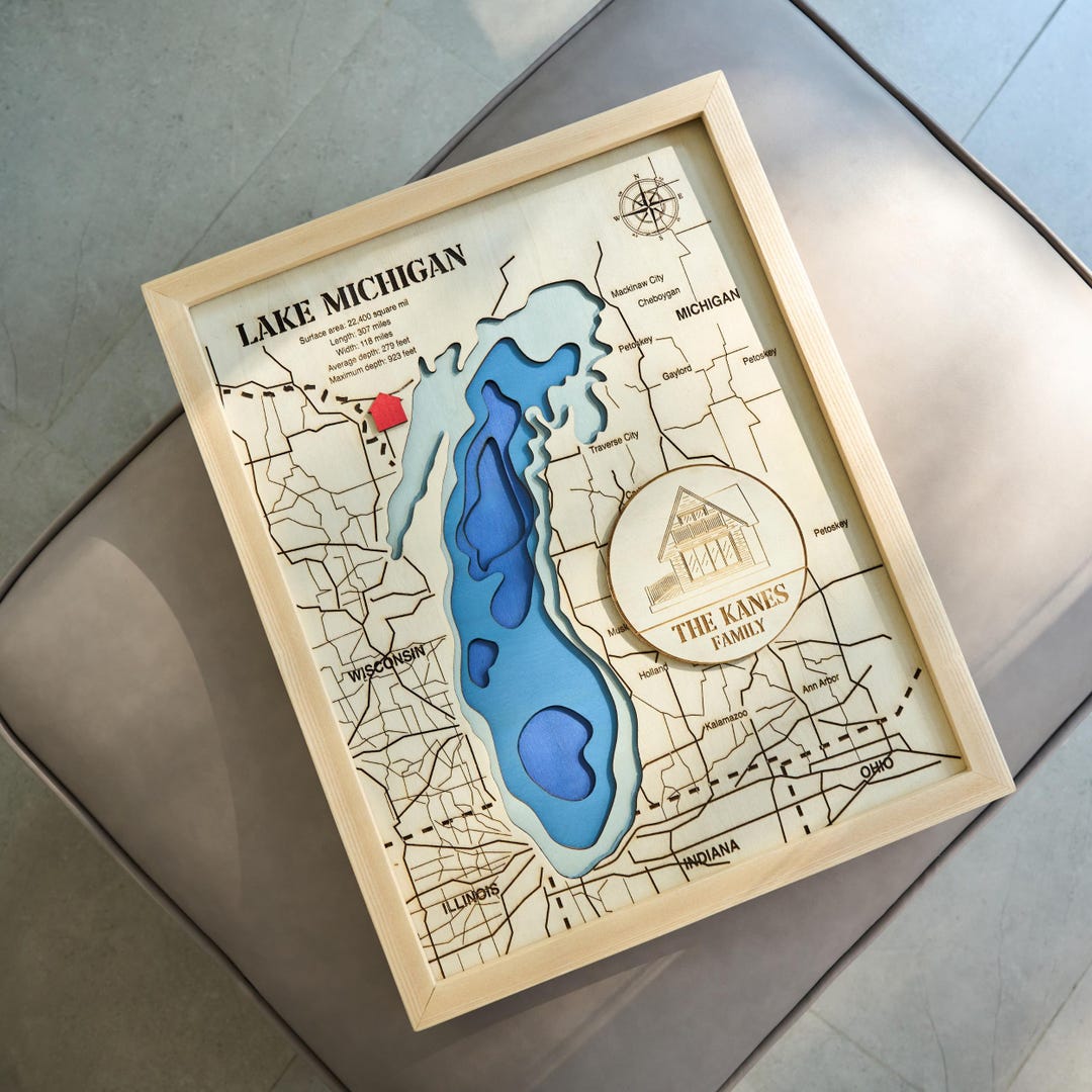 Custom Lake Michigan Map With Layered Wood Design, 3D Personalized ...