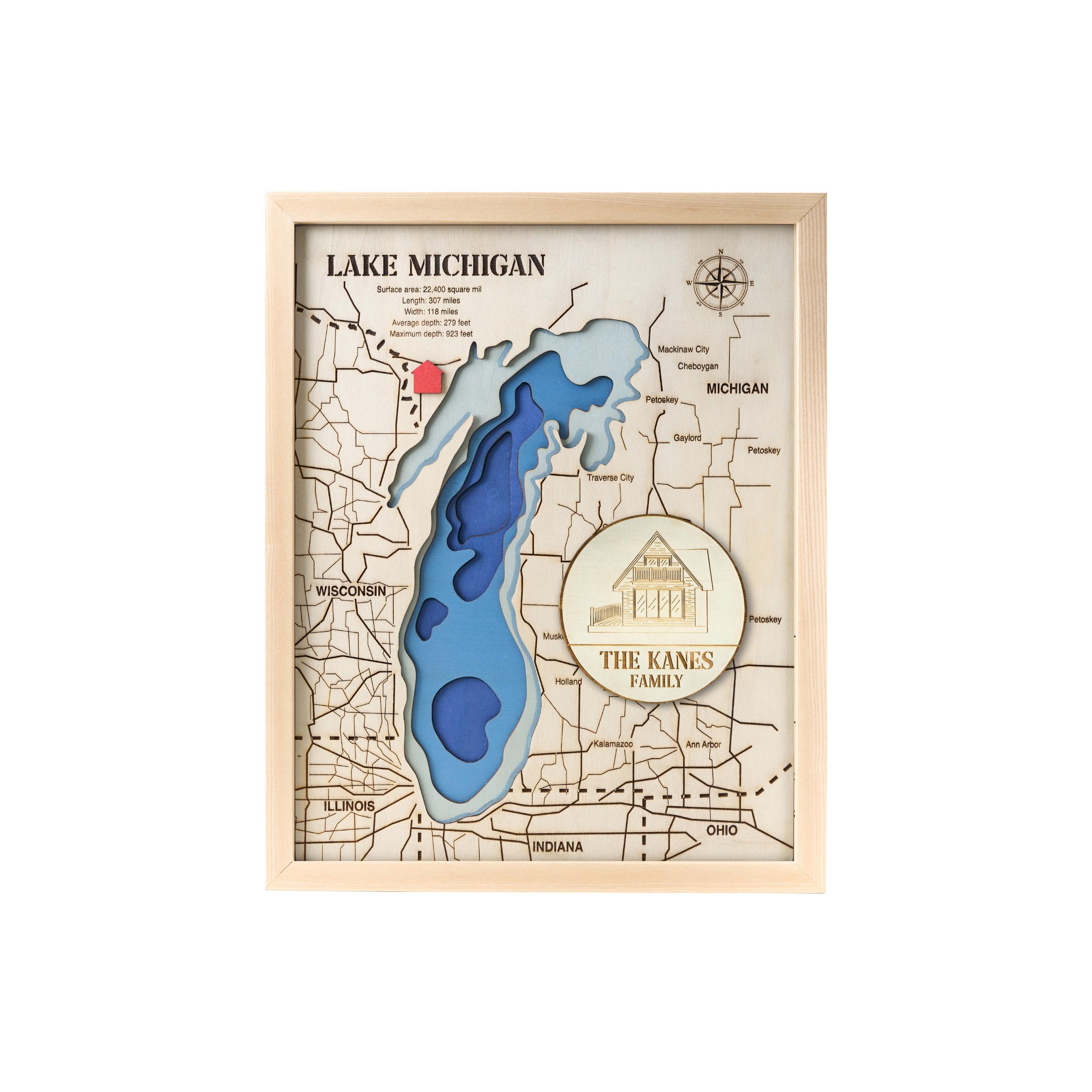 Custom Lake Michigan Map With Layered Wood Design, 3D Personalized ...