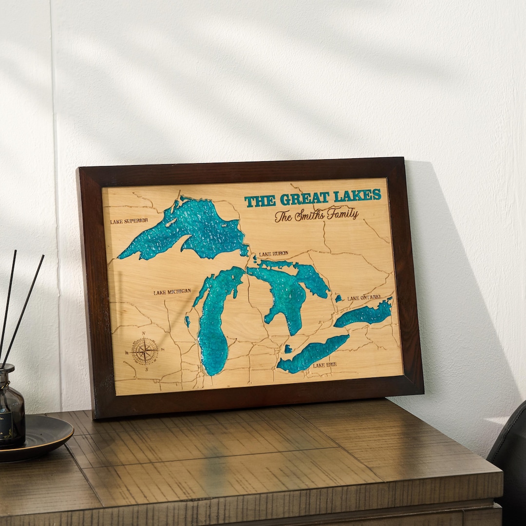 Custom Wooden Great Lakes Map With Epoxy Resin, 3D Great Lakes Nautical ...