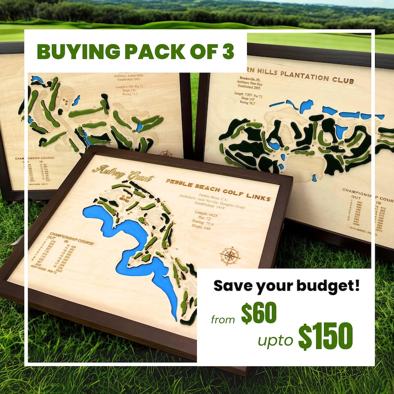 Pack of 3 CUSTOM Golf Course Map, 3D Golf Course Map, Golf Art, Golf ...