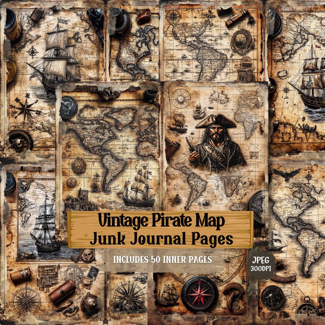 Vintage Pirate Map Junk Journal Pages, Nautical Skull, Old World ...