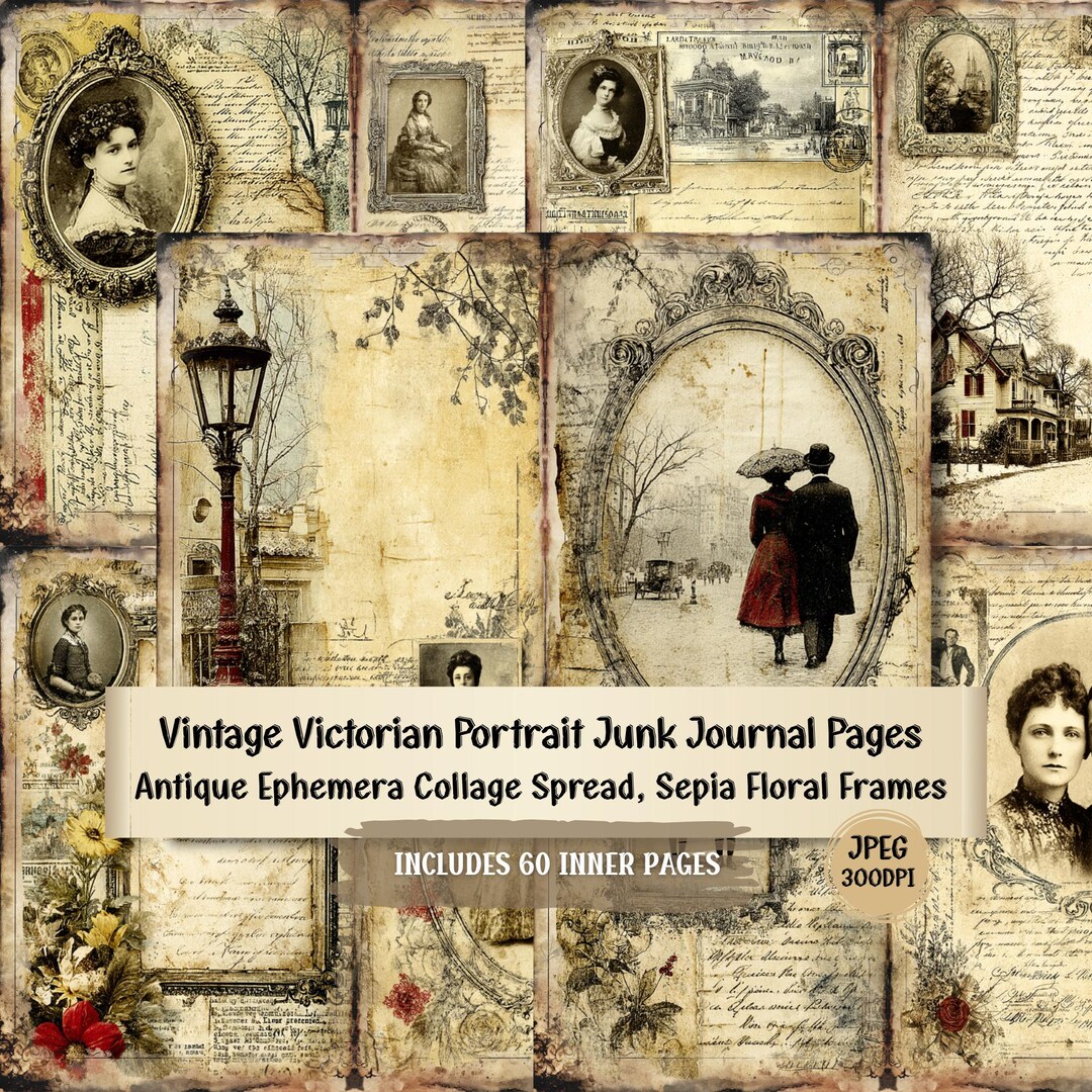 Victorian Portrait Junk Journal Pages | Sepia Ephemera, Floral Frames ...