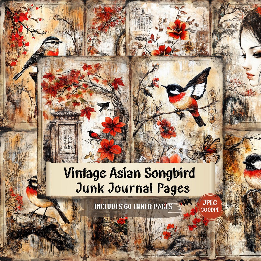 Vintage Asian Songbird Junk Journal Pages | Red Maple Leaves, Ancient ...