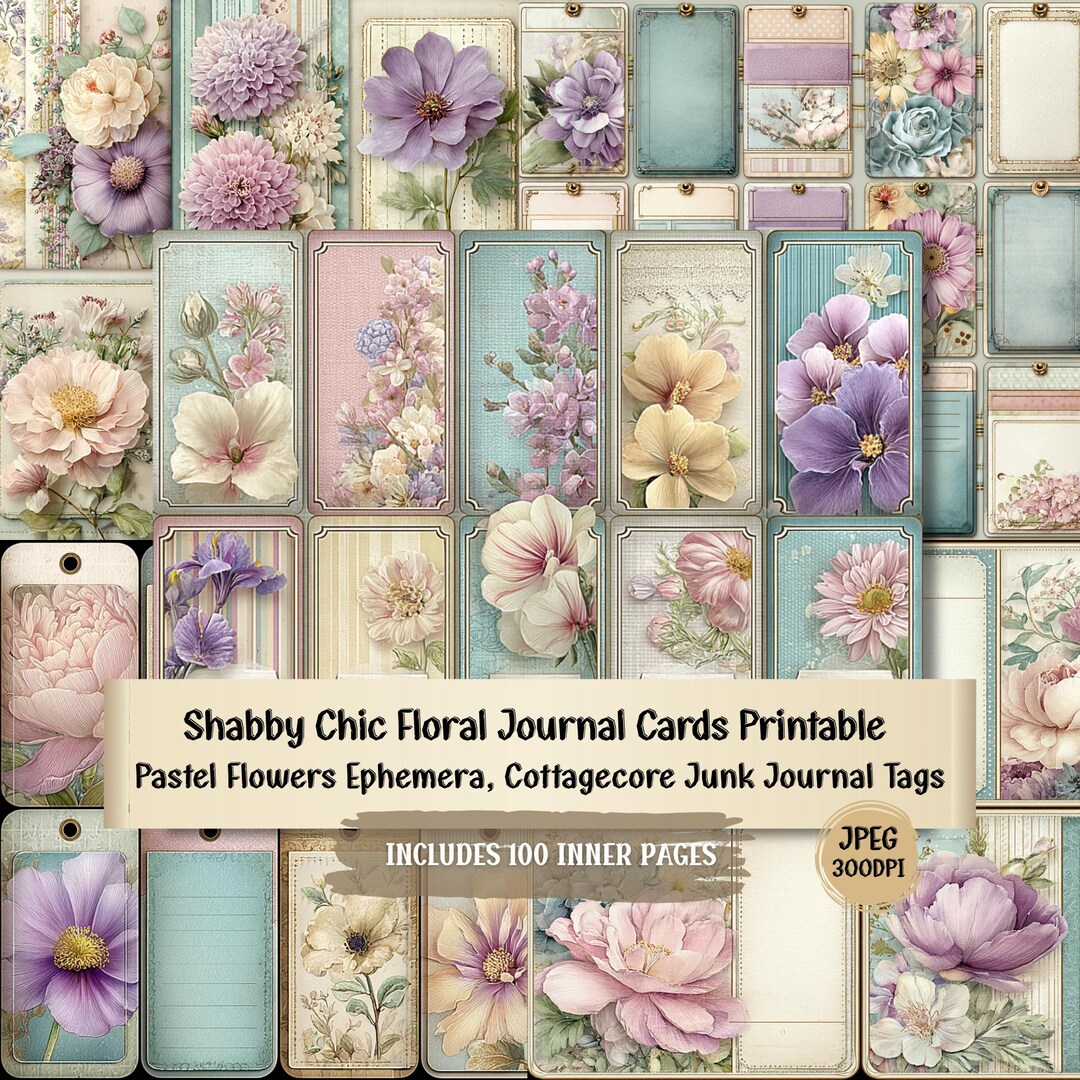 Shabby Chic Floral Journal Cards | Cottagecore Pastel Ephemera (100 JPG ...