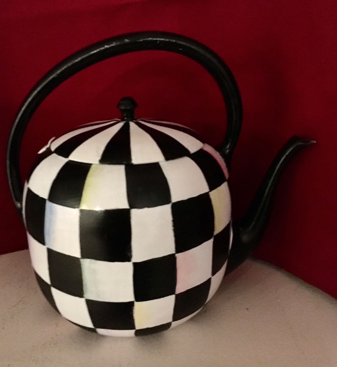Hand Painted Repurposed Tea Pot With Black and White Checks - Etsy