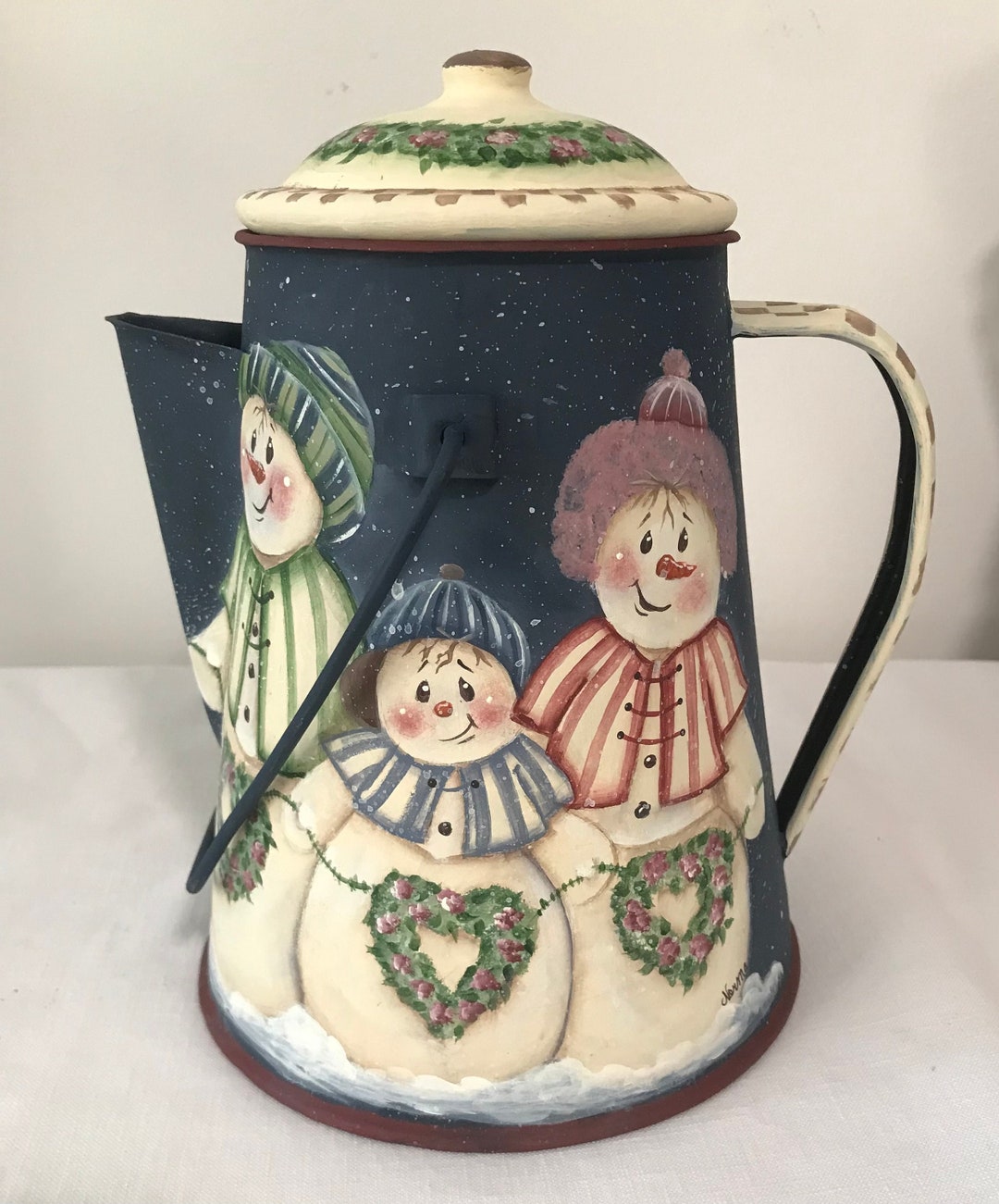 Snow Family on Repurposed Coffee Pot - Etsy