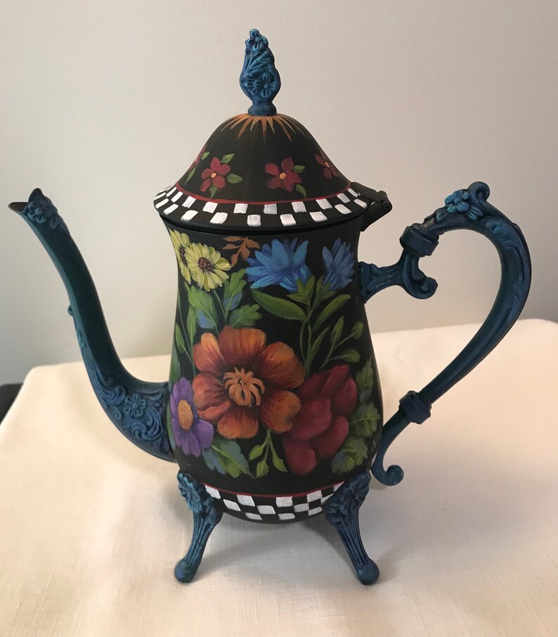 Flowers and Checks Hand Painted Repurposed Coffee Pot - Etsy