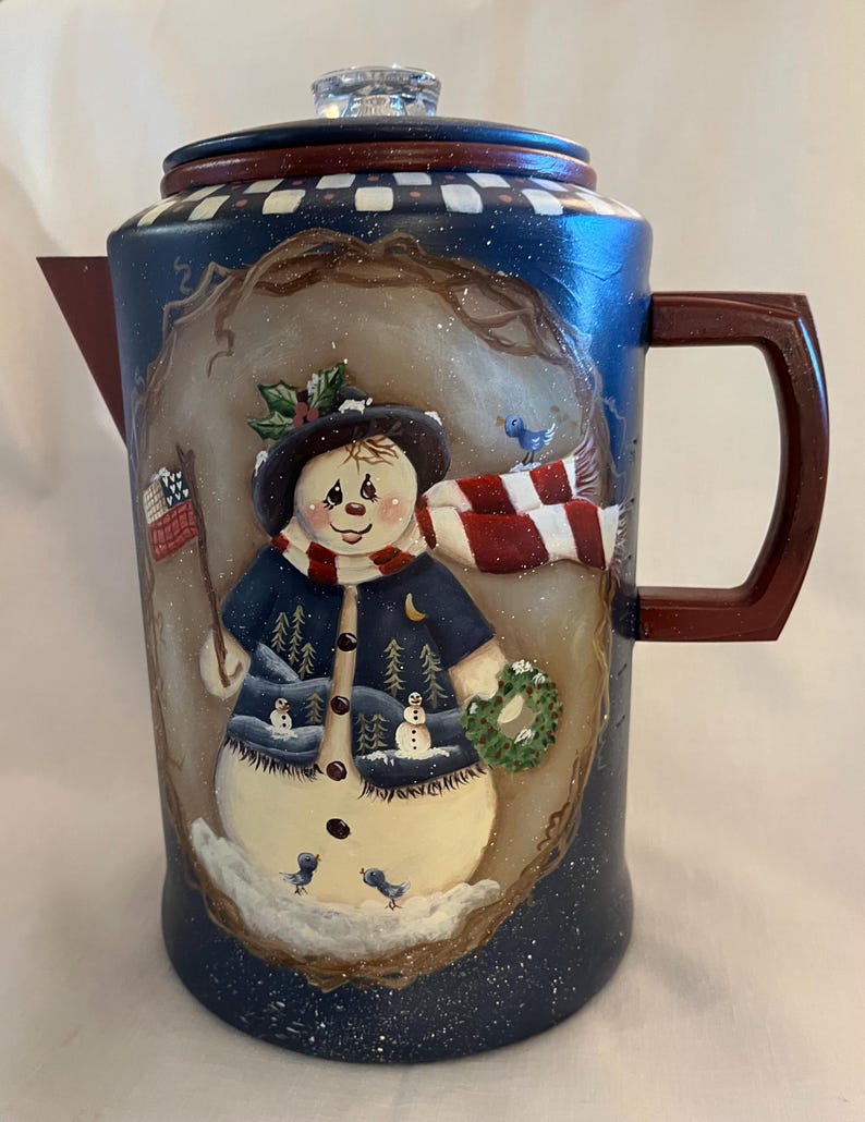 Snowmen Hand Painted on Large Repurposed Percolator - Etsy