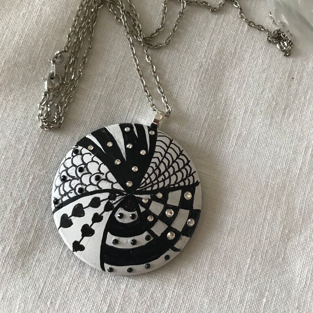 Hand Painted Zentangle Black and White Dome Necklace With Crystals - Etsy
