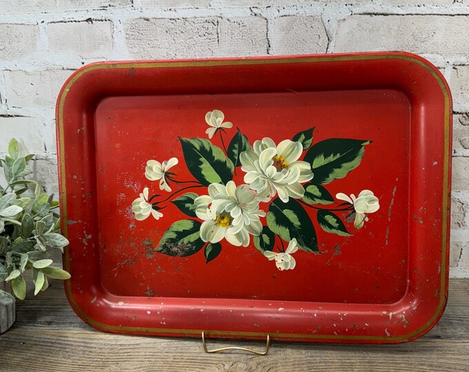 Vintage Red Tray With Hand Painted Florals Serving Tray Tole Painting ...