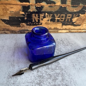 Antique Cobalt Blue Glass Inkwell, Vintage Square Ink Bottle for Desk ...