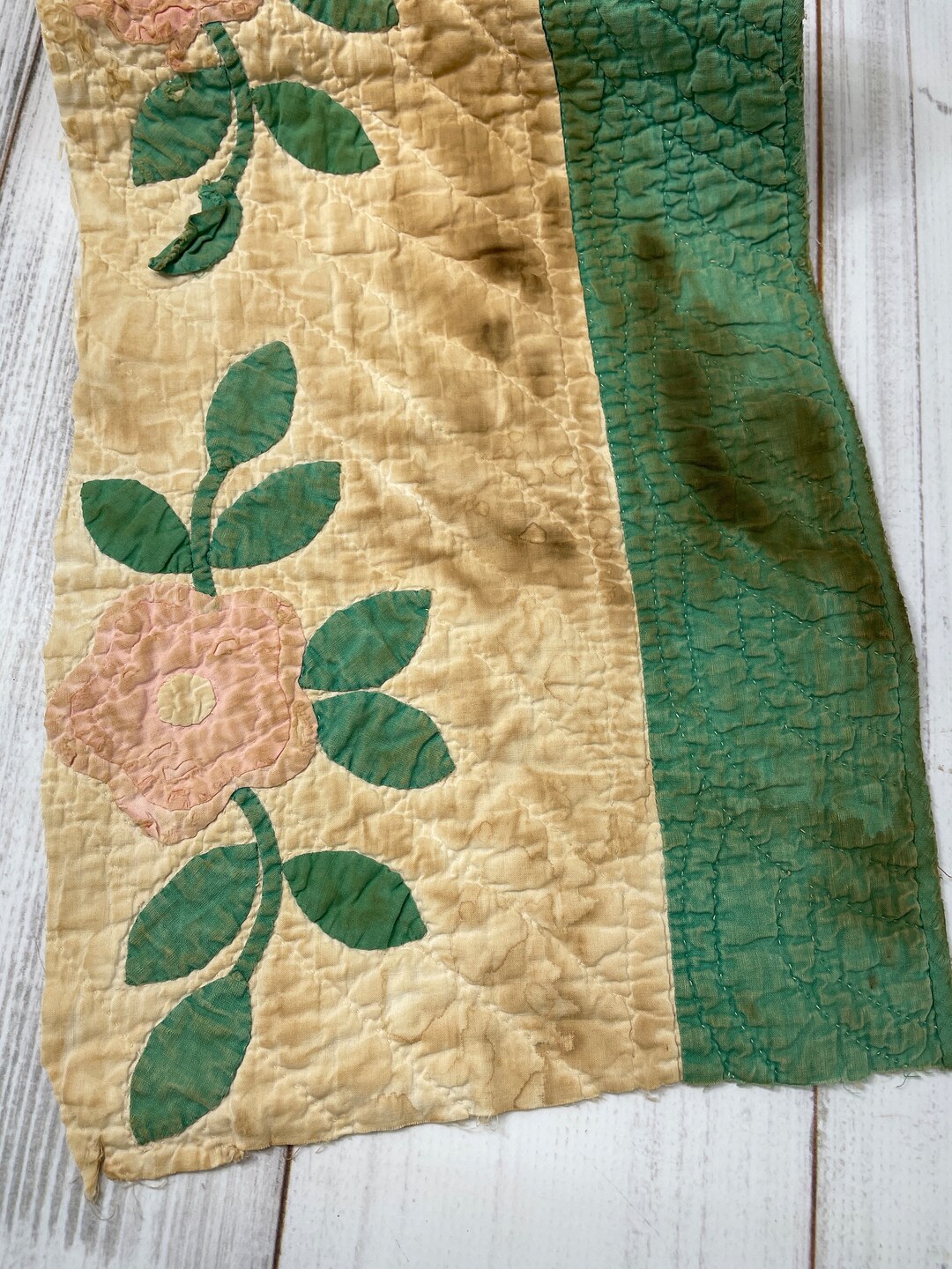 Handmade Quilt Remnant for Crafting Tea Stained Piece Work Green and ...