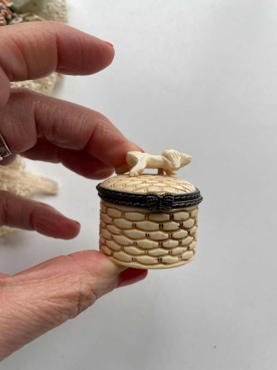 Carved Pillbox, Small Hinged Box With Animal and Basketweave Design ...