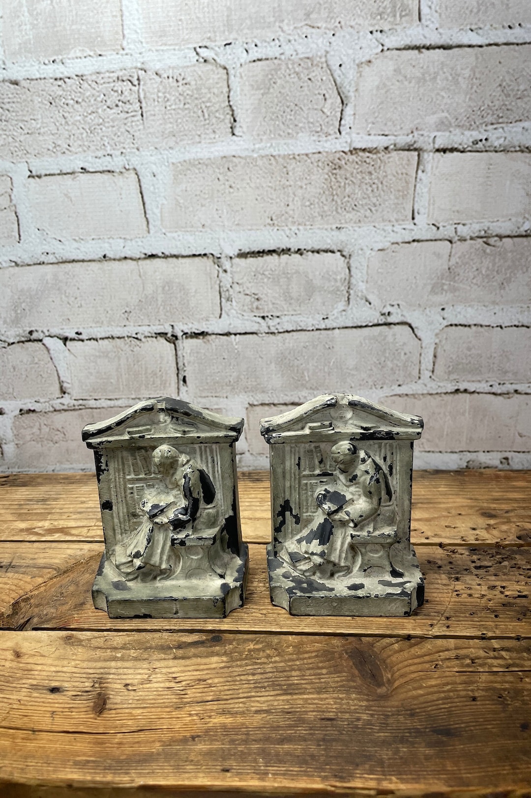 Vintage Bookends- Cast Metal Monk Reading- Shabby Patina Book Ends ...