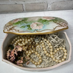 Antique Porcelain Jewelry or Keepsake Dish With Lid Hand Painted Shabby ...
