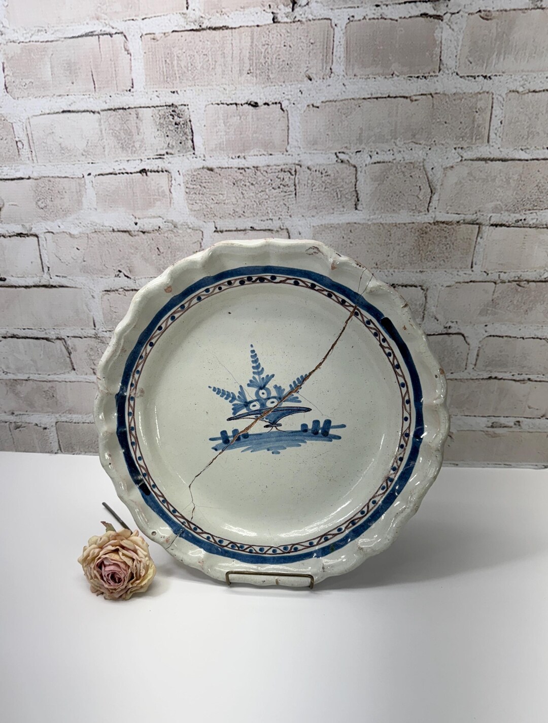 Antique French Faience Platter- Blue & White Pottery With Staple Repair ...