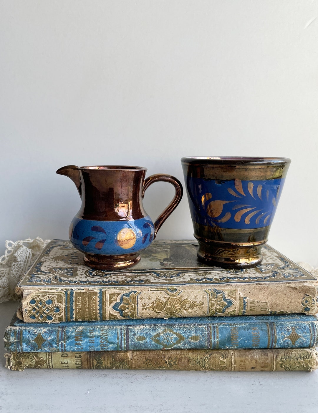 Antique Copper Lusterware Pitcher & Cup Set, Rich Blue and Metallic ...