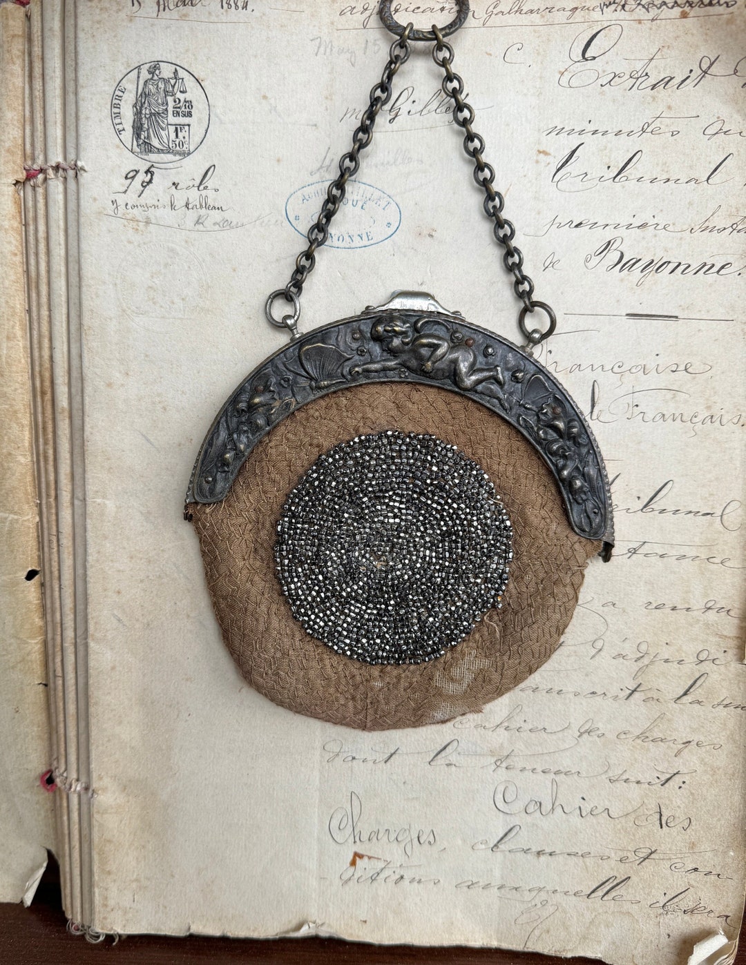 Victorian Purse With Steel Cut Beads Leather With Ornate Repoussé Frame ...