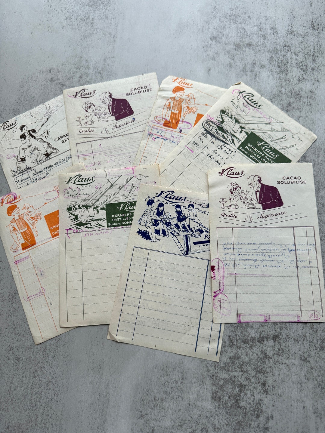 French Receipts- Illustrated Fronts- Detailed Writing on Backs- Paper ...