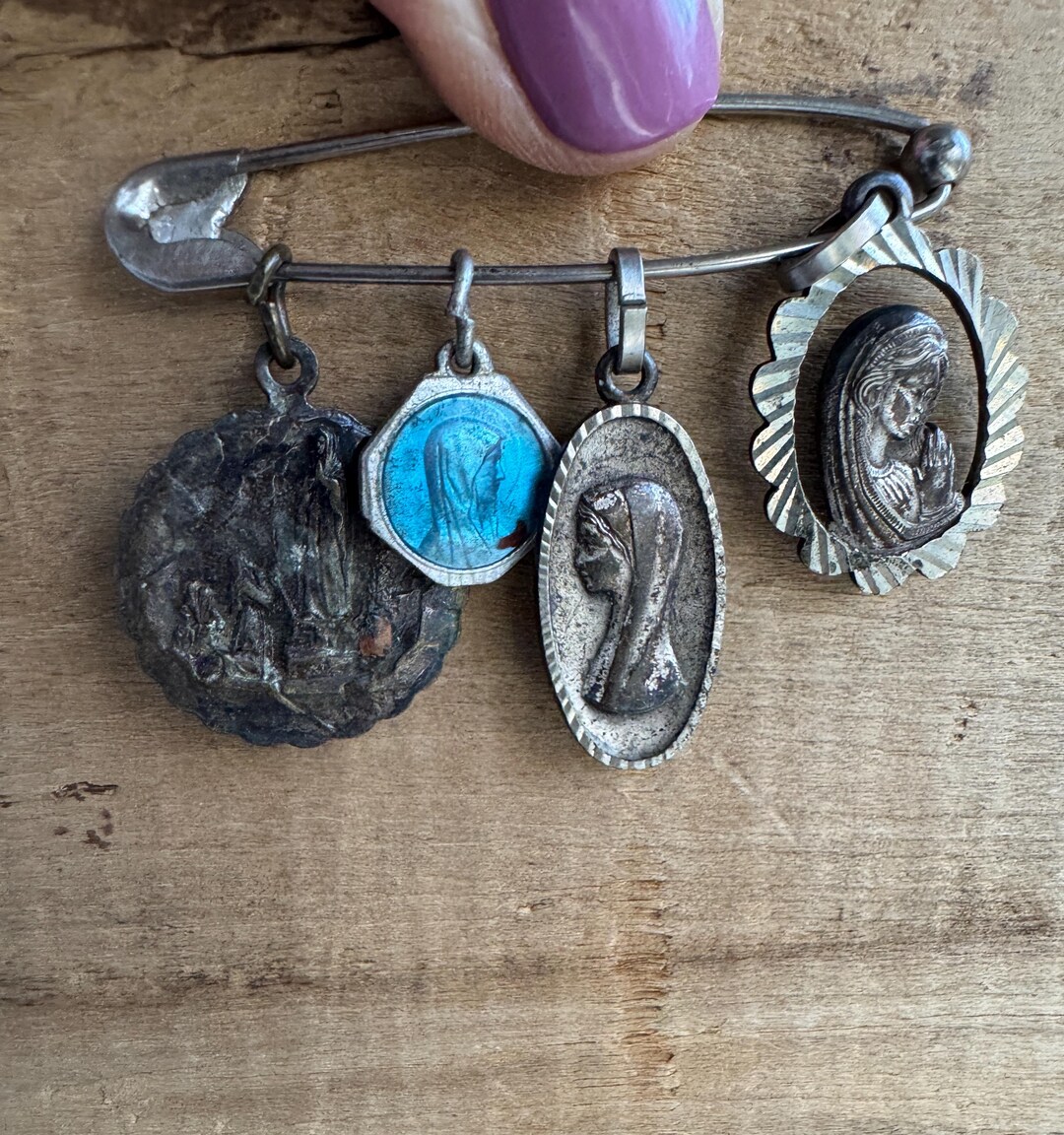 Vintage Religious Medals on Safety Pin, French Virgin Mary, Lourdes ...