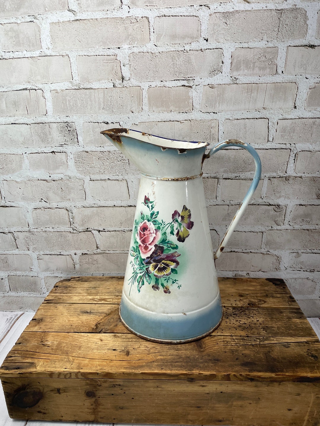 French Enamel Pitcher Vintage White and Blue With Roses Handle Broc ...
