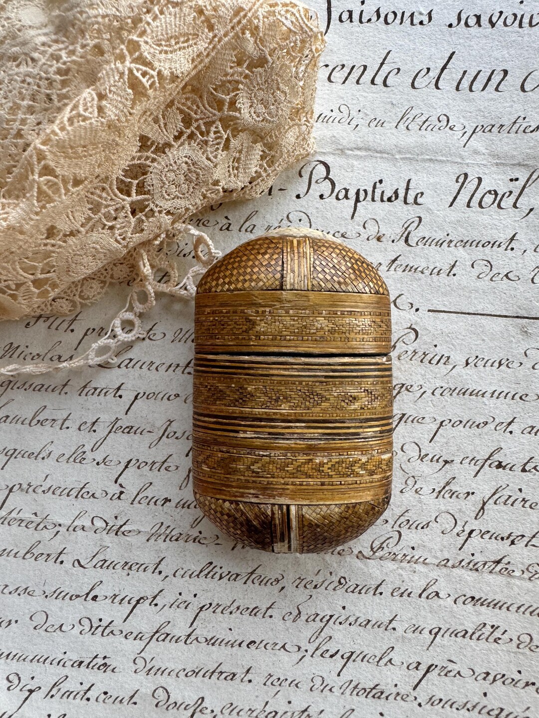 Antique Straw Work Match Vesta Case With Bone Striker- Early 19th ...