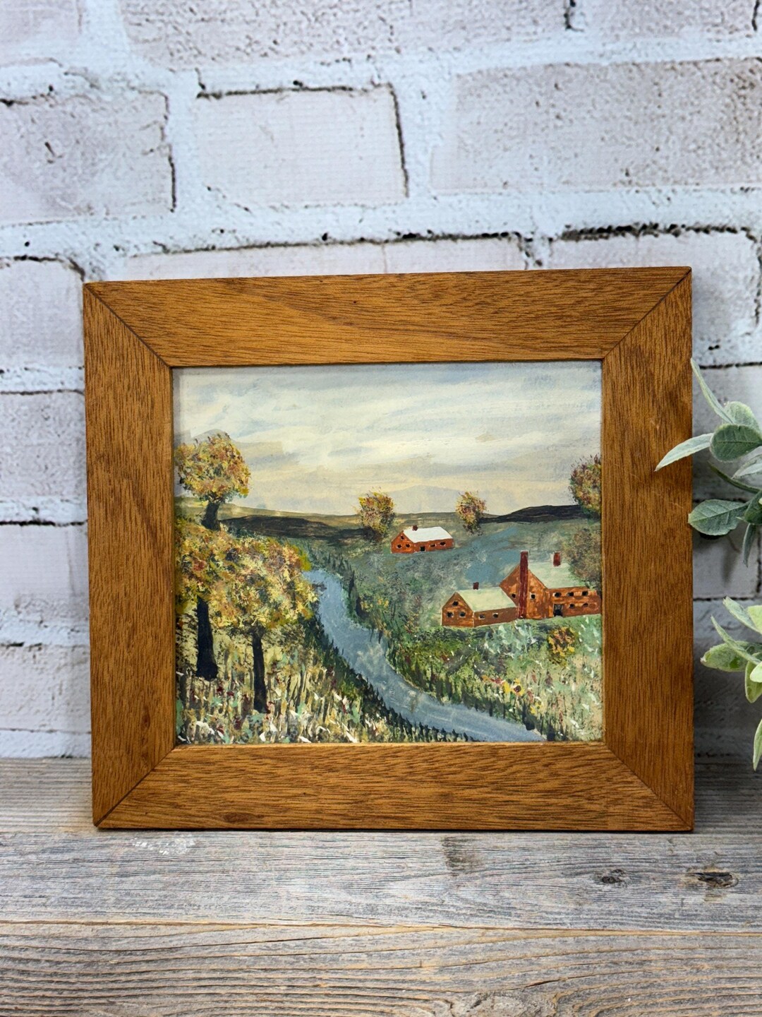 Vintage Painting in Wooden Frame Countryside Houses River Trees ...