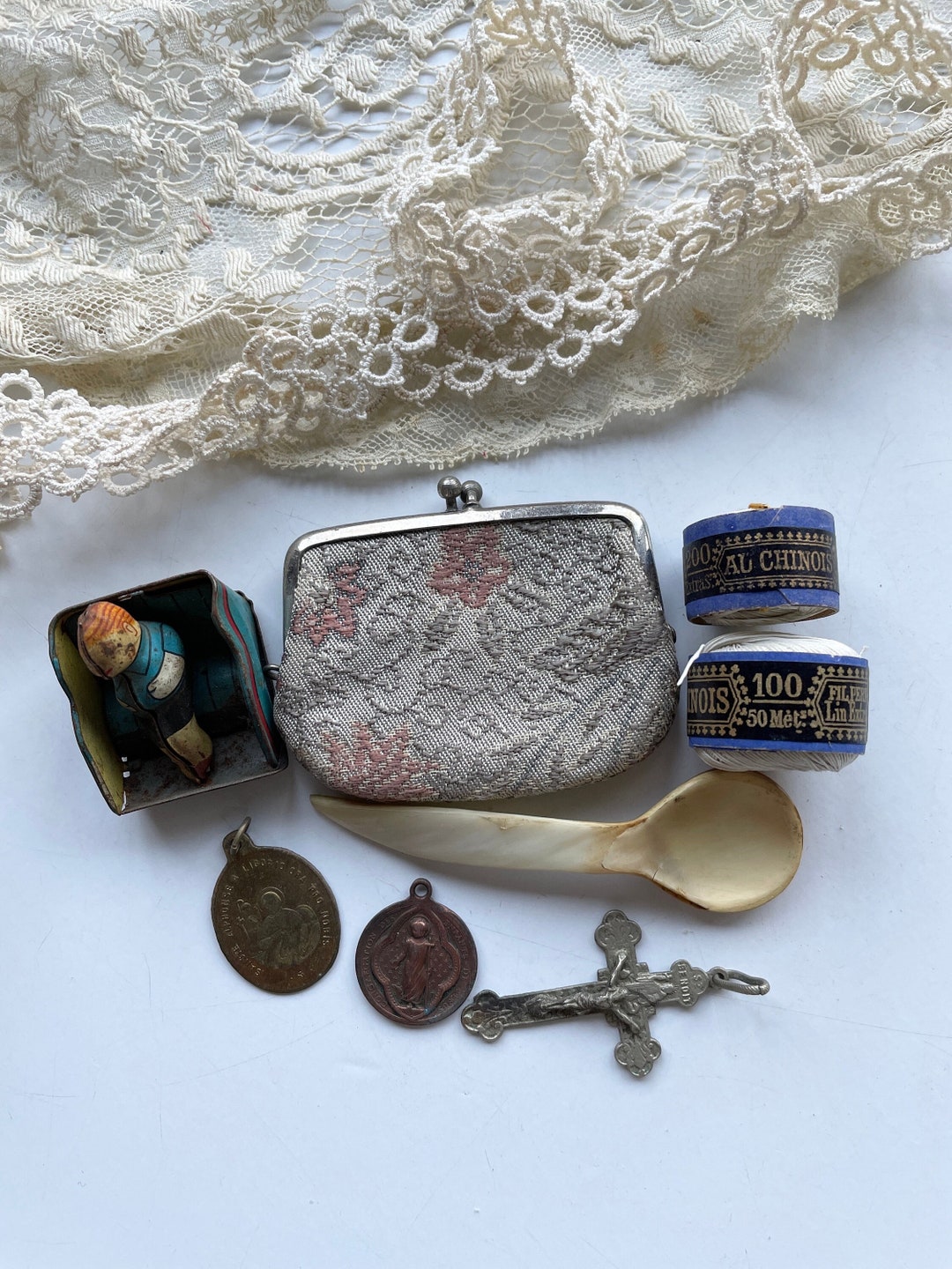 Vintage Trinkets Lot Coin Purse Spools Cross Religious Medal Tin Figure ...