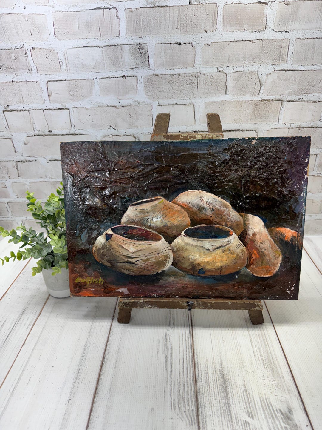 Vintage Clay Pots Still Life Painting on Board, Rustic Earthenware ...