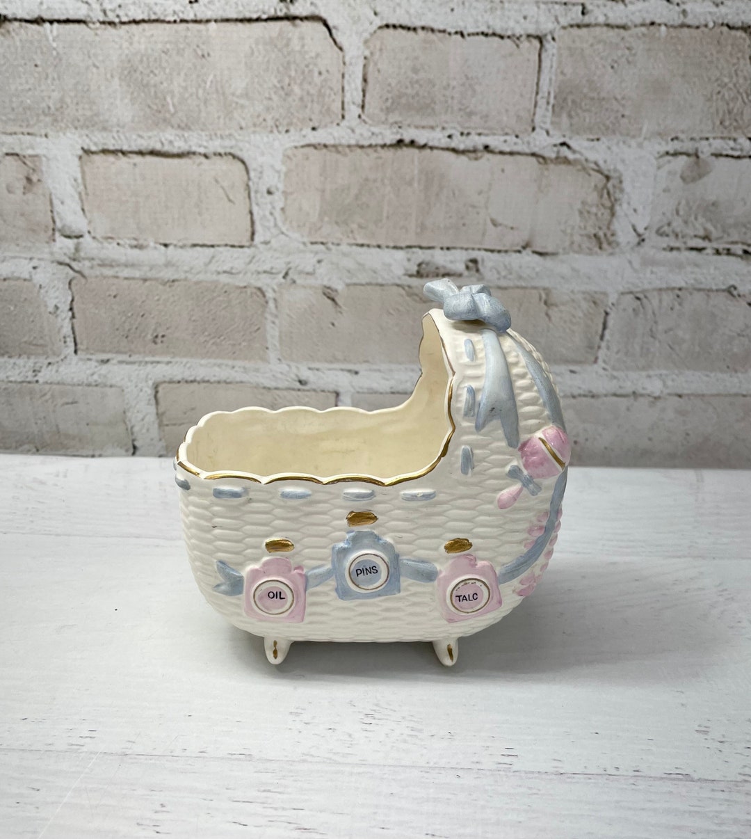 Vintage Baby Planter- Nursery Decor 1960's Napco Bassinette- Pink and ...