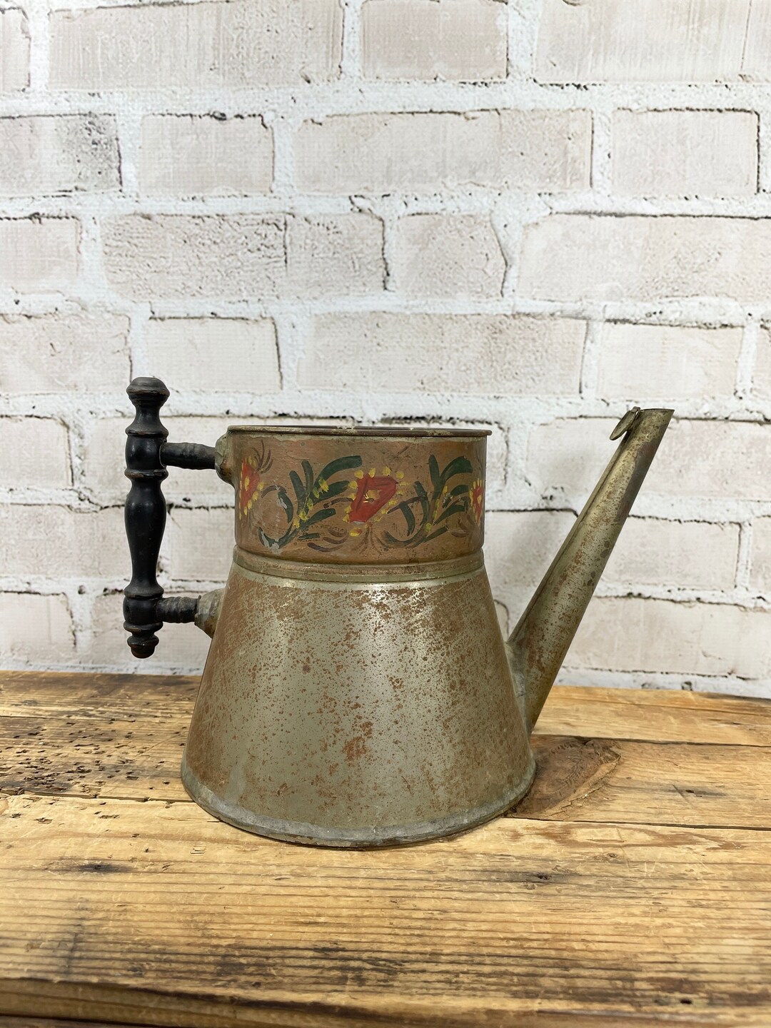 Antique Tin Kettle With Wooden Handle Tole Painted Trim Long Spout With ...